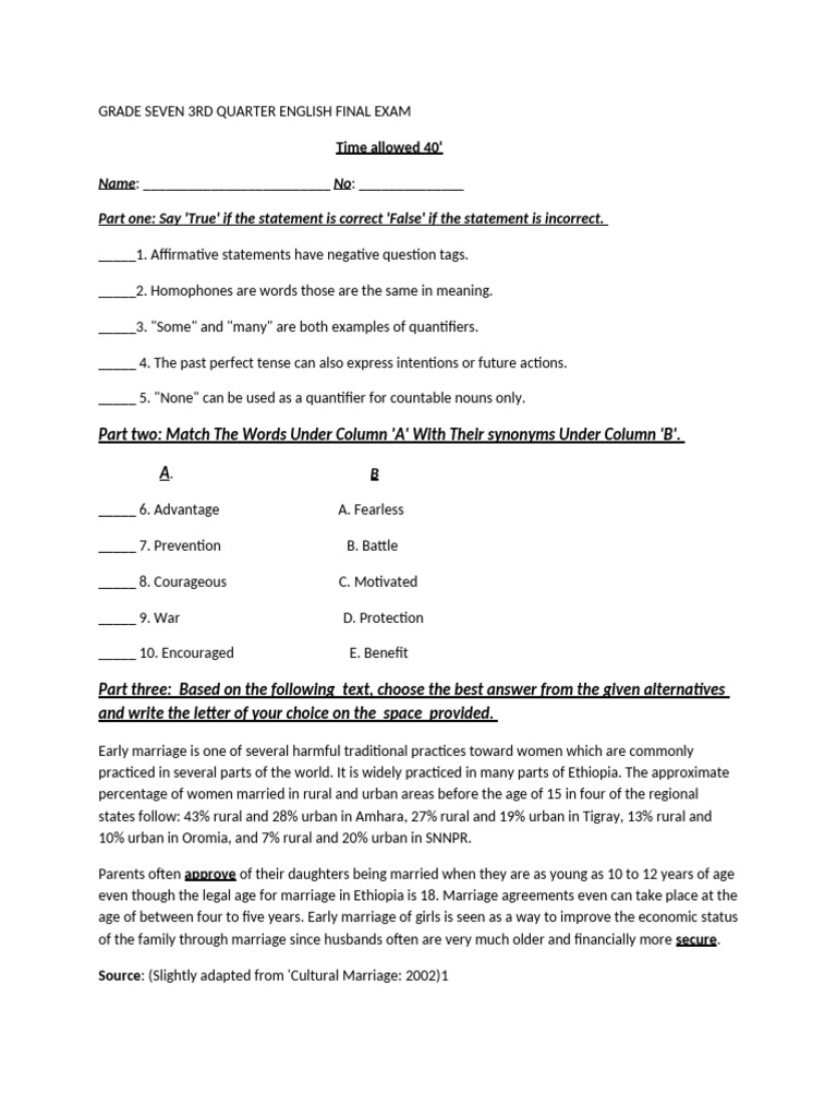 Grade 7 English Final Exam Review | PDF | Grammar | Linguistics