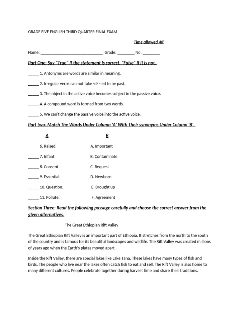 Grade Five English Third Quarter Final Exam | PDF | Lake