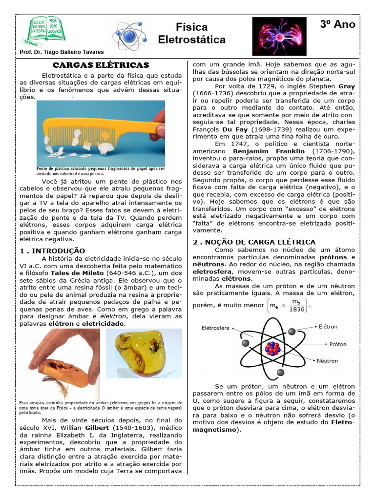1-Apostila de Eletrostática I | PDF | Carga elétrica | Elétron