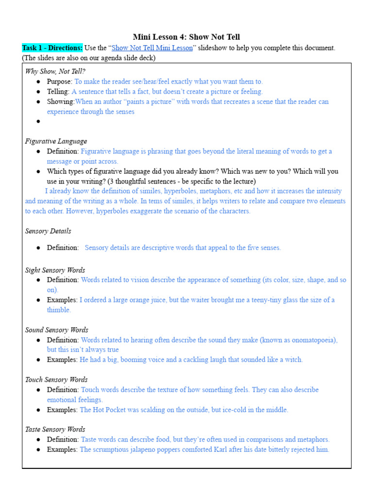 Show, Not Tell: Sensory Writing Techniques | PDF