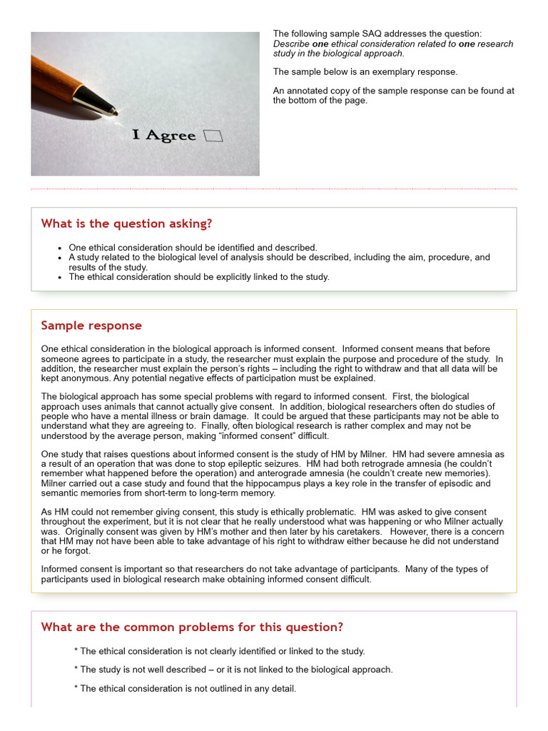 SAQ Exemplar Ethics in Biological | PDF | Cognitive Psychology | Cognitive Science