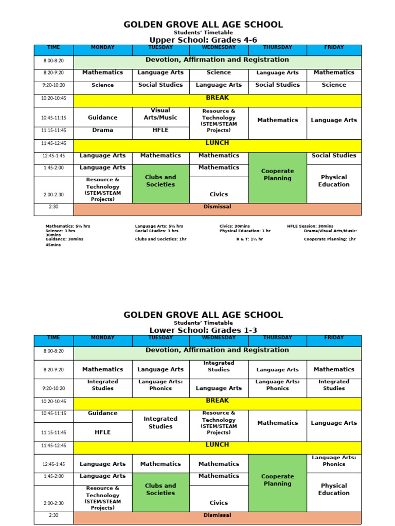 Upper and Lower School Timetable 2024 | PDF