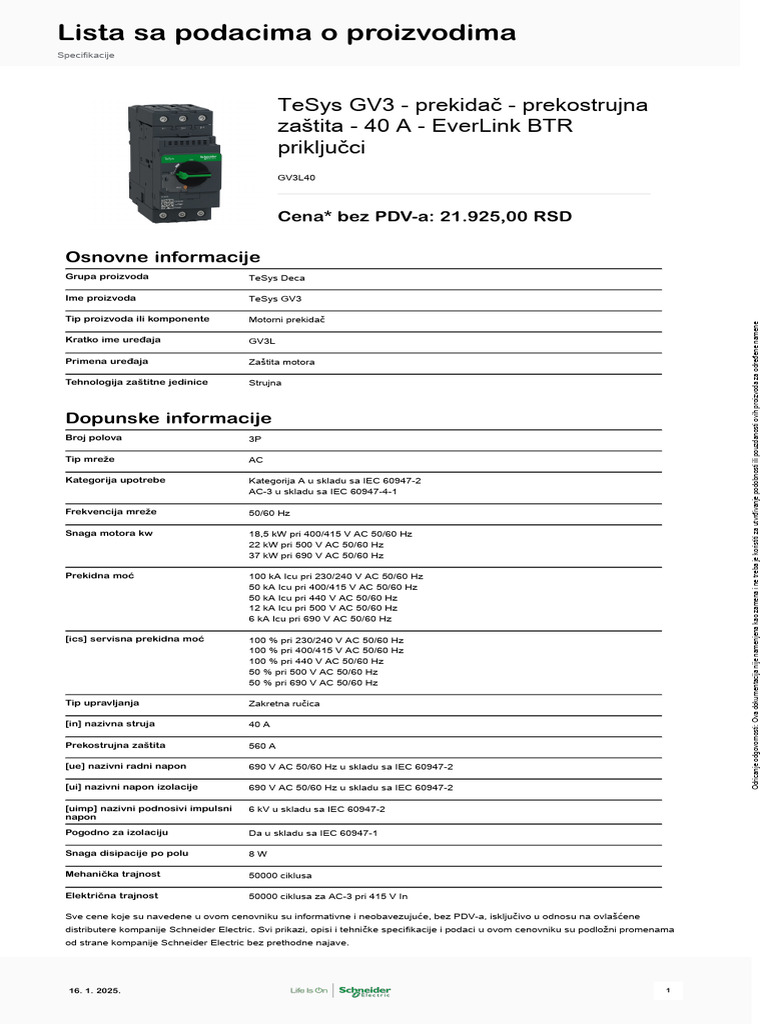 Schneider Electric_TeSys-Deca-frame-3_GV3L40 | PDF