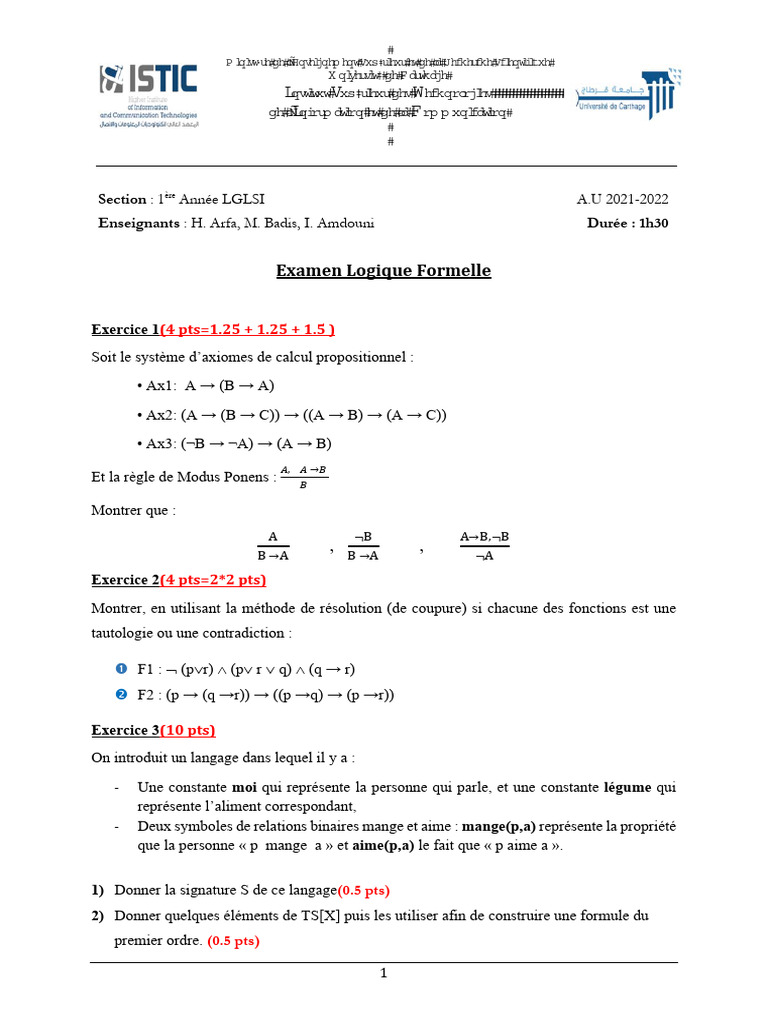 Examen de Logique Formelle 1ère Année | PDF | Logique mathématique ...