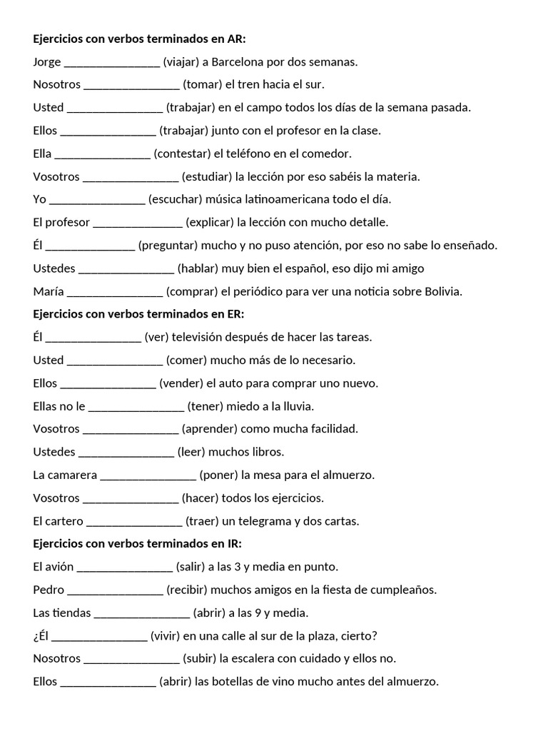 Ejercicios Con Verbos Terminados en AR | PDF