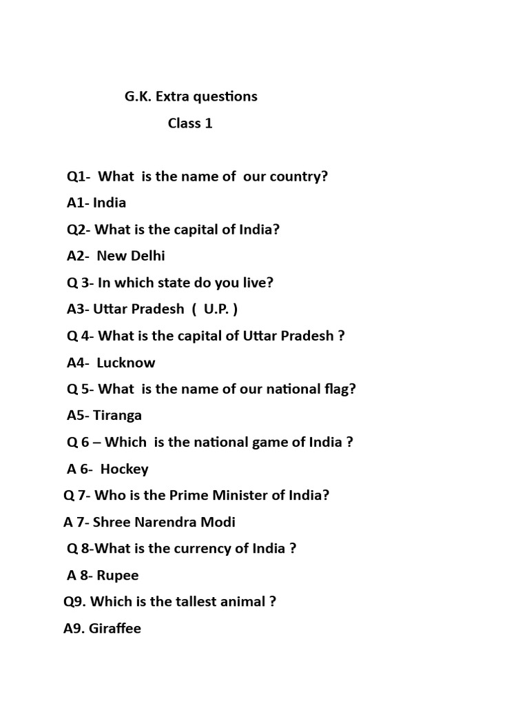 CL 1 G.k.extra Questions | PDF