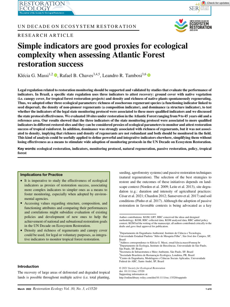 Restoration Ecology - 2021 - Massi - Simple Indicators Are Good Proxies For Ecological ...