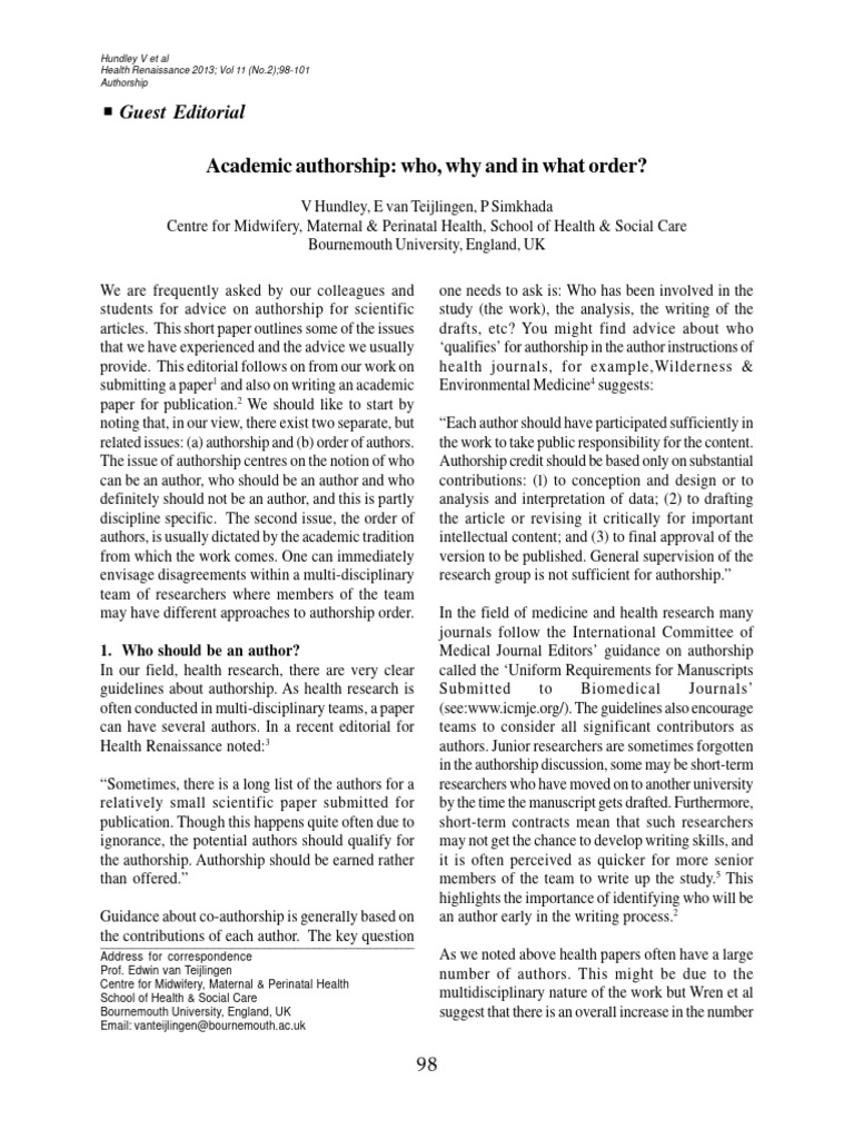 02 Hundley - Academic Authorship - 2013 | PDF | Academia