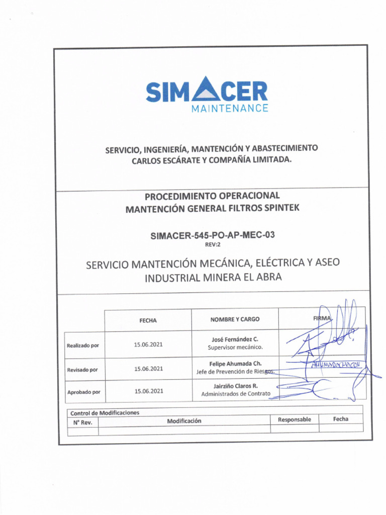 Procedimiento Mantencion Filtro SPINTEK | PDF