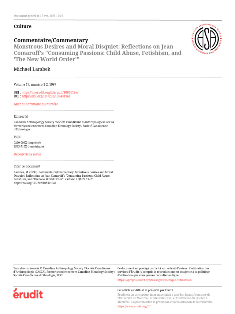 Lambek - Monstrous Desires and Moral Disquiet - On Jean Comaroff | PDF ...