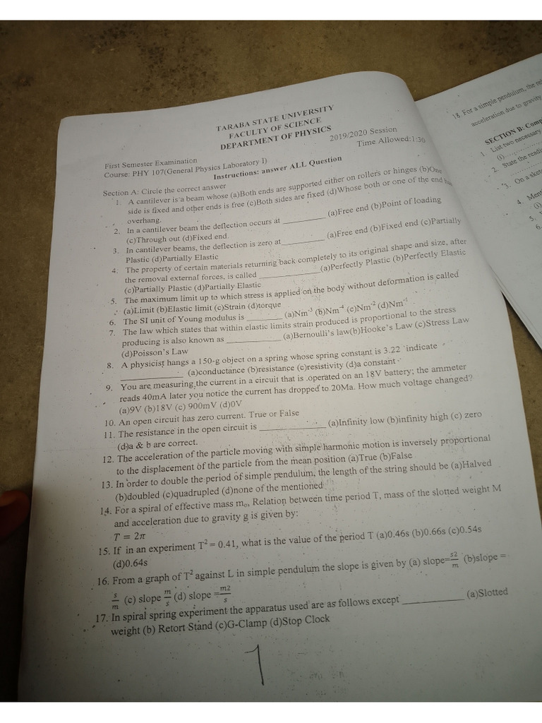 PHY 107 Past Questions and Answers | PDF