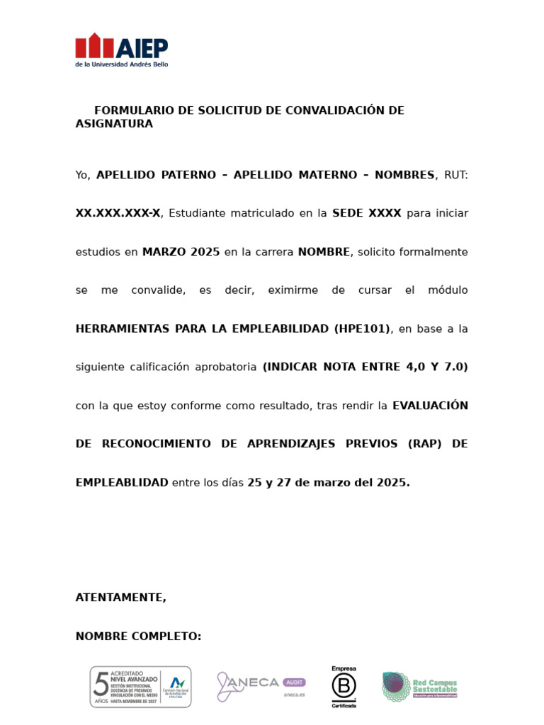 FORMULARIO DE SOLICITUD DE CONVALIDACIÓN DE ASIGNATURA HPE101 2025 | PDF