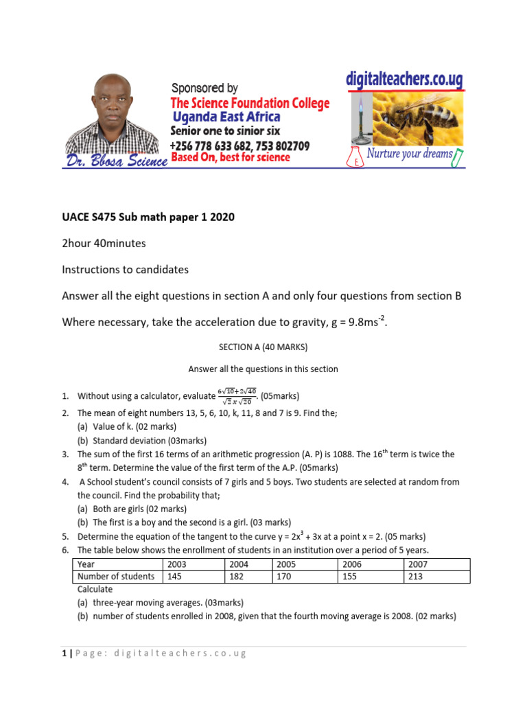 UACE 475 Submath Paper 1 2020 | PDF | Matrix (Mathematics) | Gradient