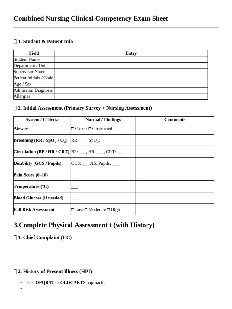 Nursing Clinical Competency Exam Sheet | PDF | Nursing | Pain