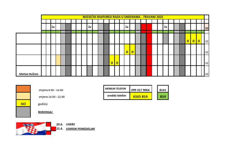 TRAVANJ 2025: Mjesečni Raspored Rada U Smjenama | PDF