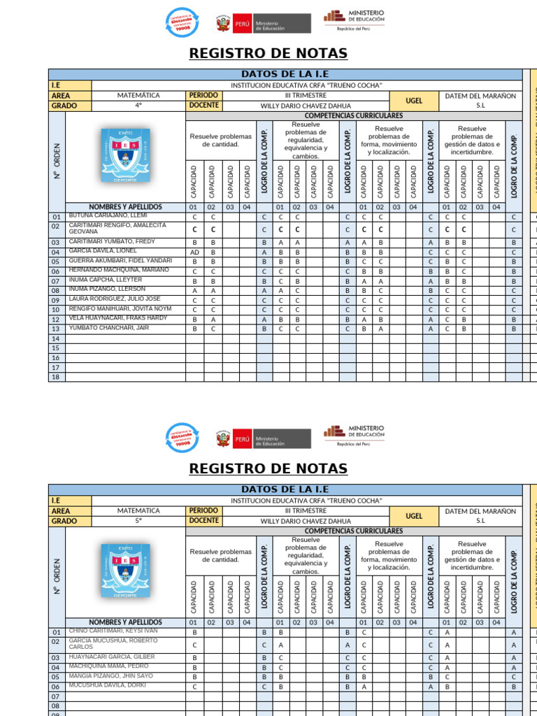 REGISTRO DE NOTAS - MATEMATICA | PDF