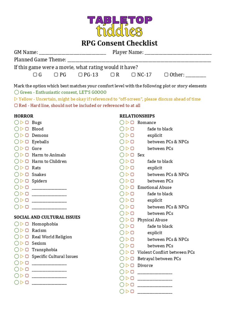 RPG Consent Checklist Form Fillable | PDF | Aggression