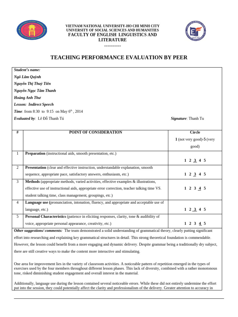 Teaching Performance Evaluation by Peer | PDF | Grammar | English Language