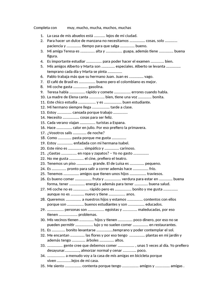 Ejercicios de Muy, Mucho, Mucha, Muchos, Muchas | PDF