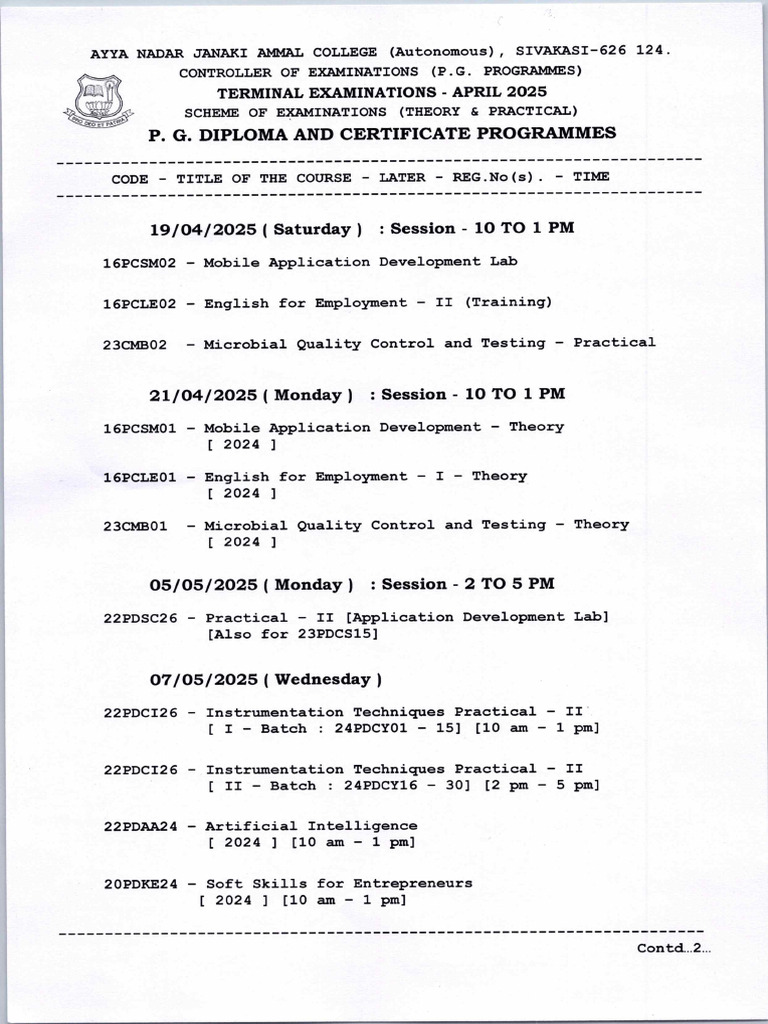 PG Diploma - Certificate - Examination Schedule - April 2025 | PDF