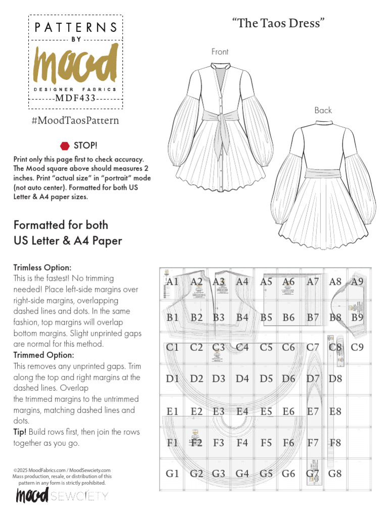 MDF433 Taos Dress Free Sewing Pattern Sizes 00 32 A4 Letter Patterns ...
