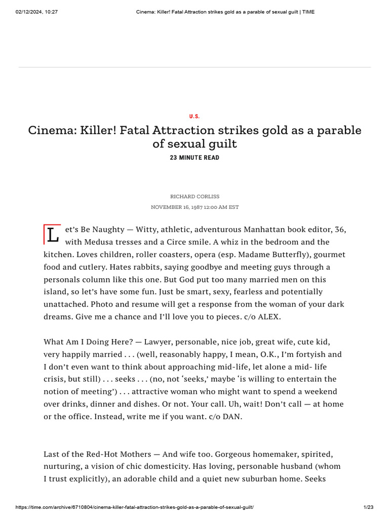 Cinema - Killer! Fatal Attraction Strikes Gold As A Parable of Sexual ...