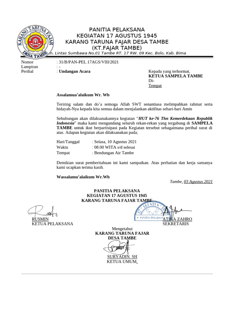 Undangan HUT Kemerdekaan RI 2021 Tambe | PDF