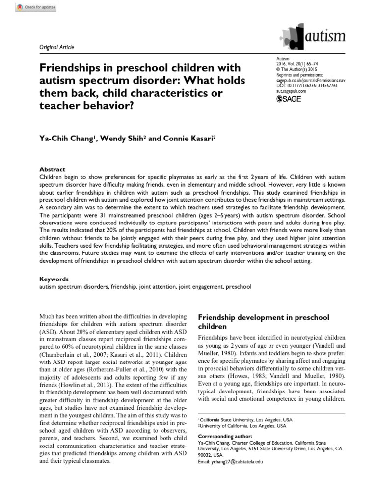Friendships in Preschool Chang Et Al | PDF | Autism | Friendship