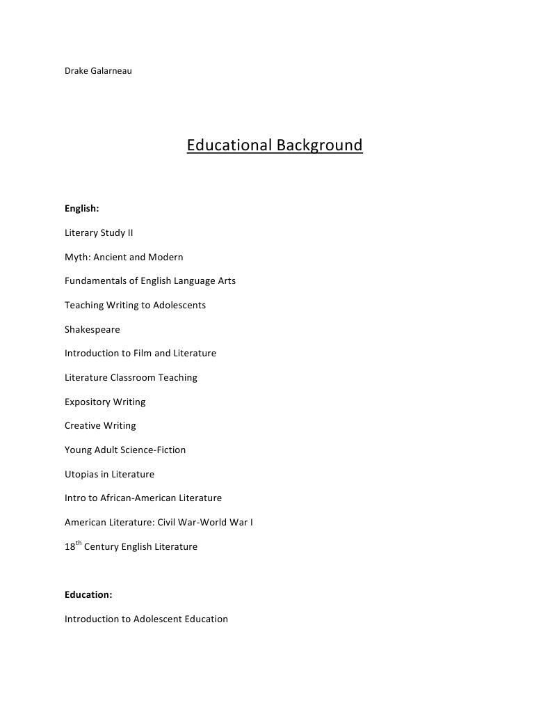 Drake Galarneau's Educational Background | PDF | Classics | General Fiction