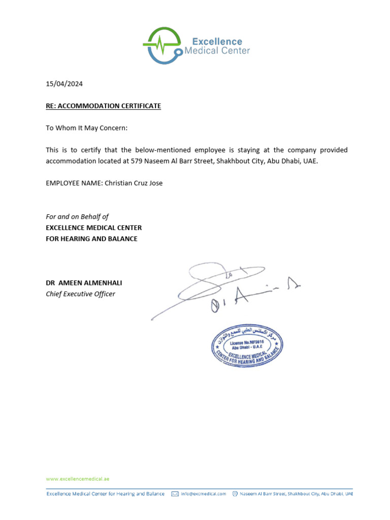 Christian Cruz Jose - Accommodation Certificate | PDF