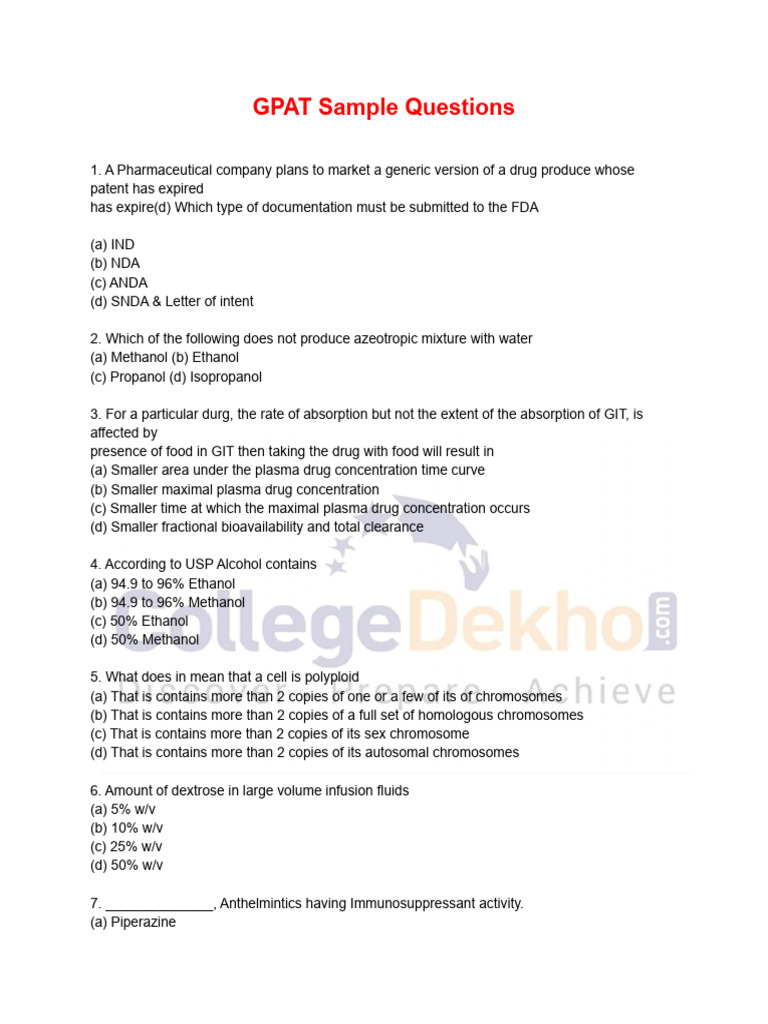 Sample Pyq Questions For Gpat | PDF | Biochemistry | Chemistry