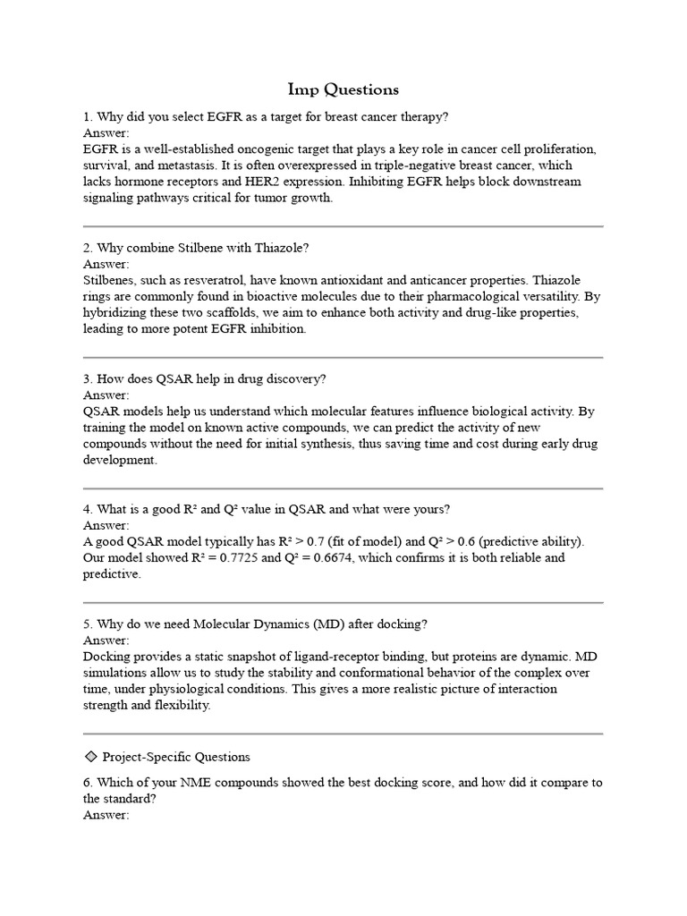 Imp Questions Presentation | PDF | Epidermal Growth Factor Receptor | Docking (Molecular)