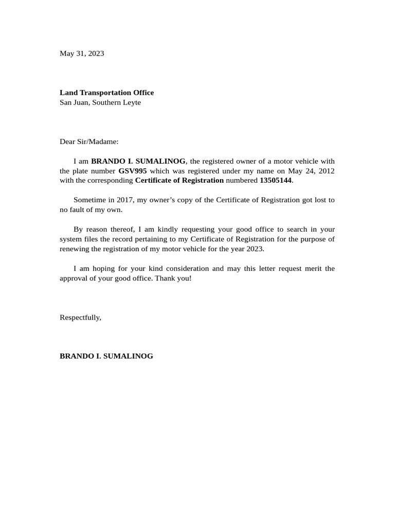 Request for Certificate of Registration Copy | PDF