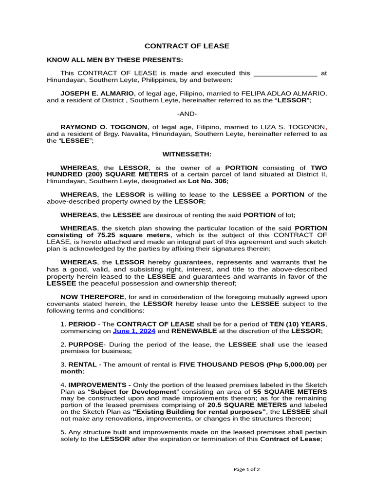 Contract of Lease Almario | PDF | Lease | Natural Resources Law