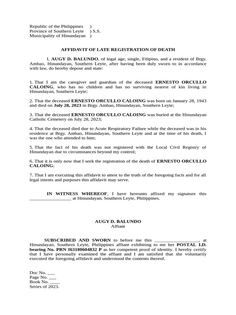 Affidavit of Delayed Registration of Death | PDF