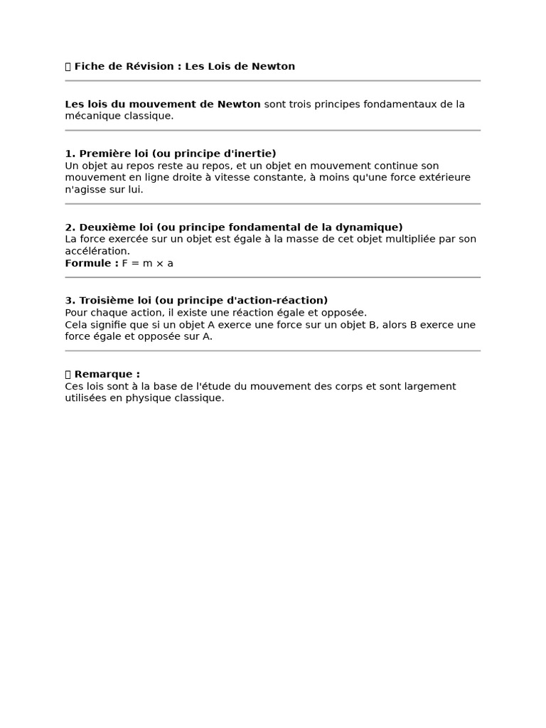 Lois de Newton : Principes et Formules | PDF