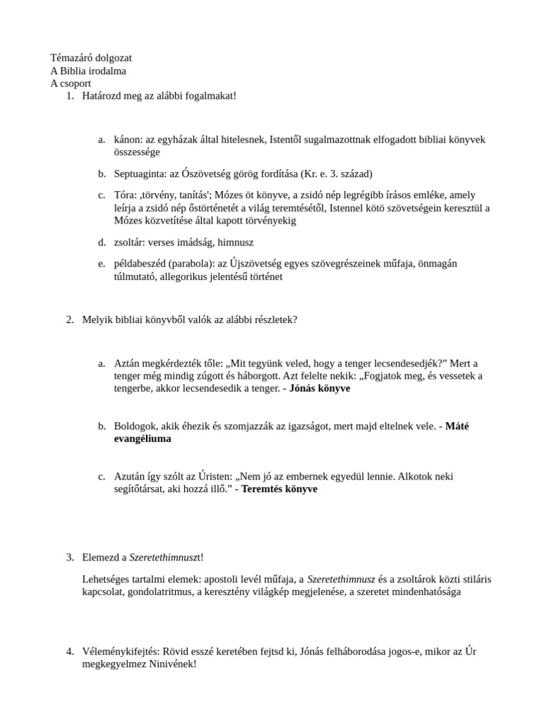 Magyar Irodalom 9. - 02 A Biblia Feladatlap Megoldokulcs 3 | PDF