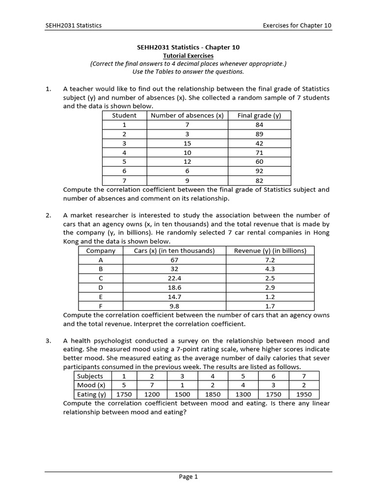 SEHH2031 Exercises Chapter 10 | PDF | Statistics | Covariance