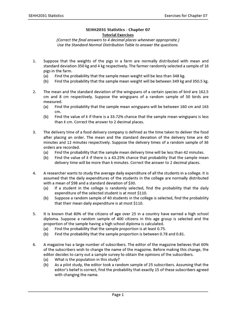 SEHH2031 Exercises Chapter 07 | PDF | Standard Deviation | Sampling (Statistics)