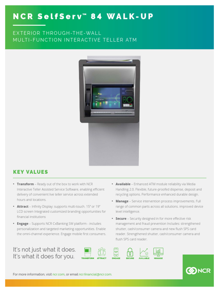 NCR SelfServ 84 Walk Up Interactive Teller Datasheet English US | PDF | Automated Teller Machine ...