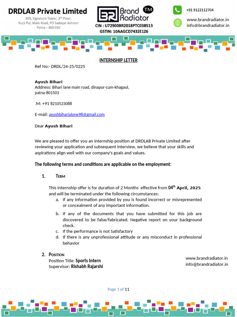 Ayush Bihari Internship Letter | PDF | Employment | Intellectual Property