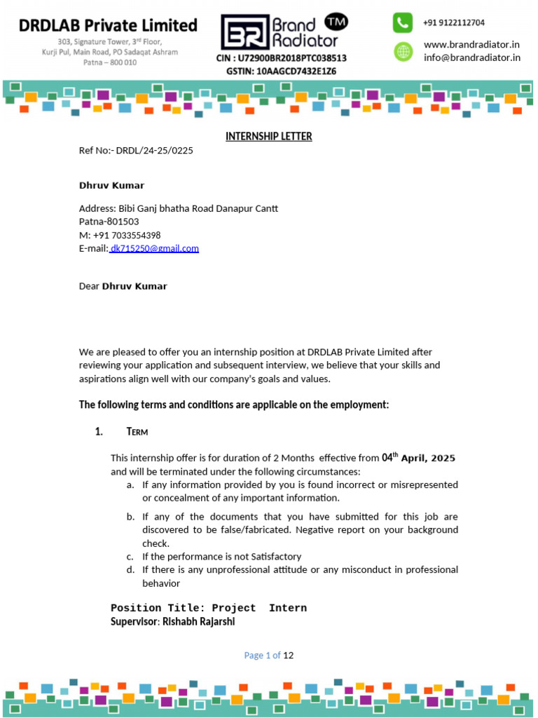 Dhruv Kumar Internshi Etter | PDF | Employment | Intellectual Property