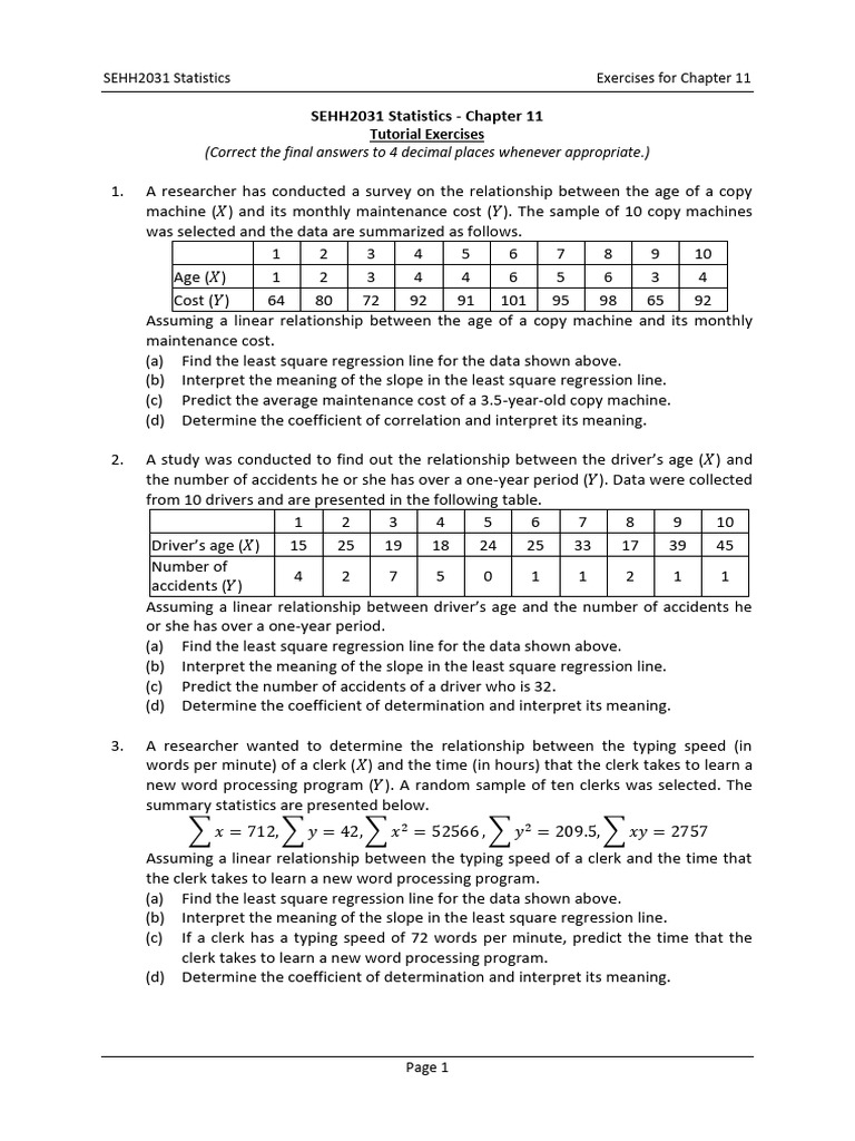 SEHH2031 Exercises Chapter 11 | PDF | Linear Regression | Coefficient Of Determination