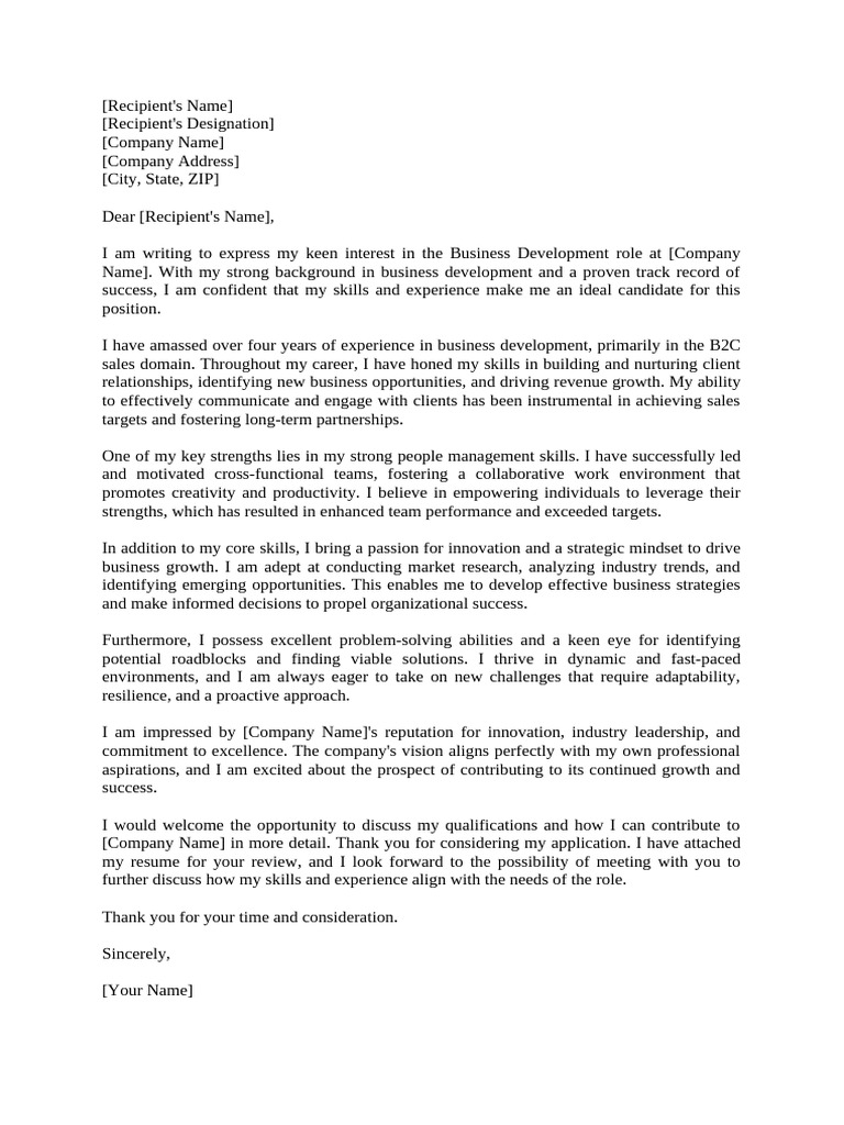 Business Development Application Letter | PDF | Leadership | Strategic ...