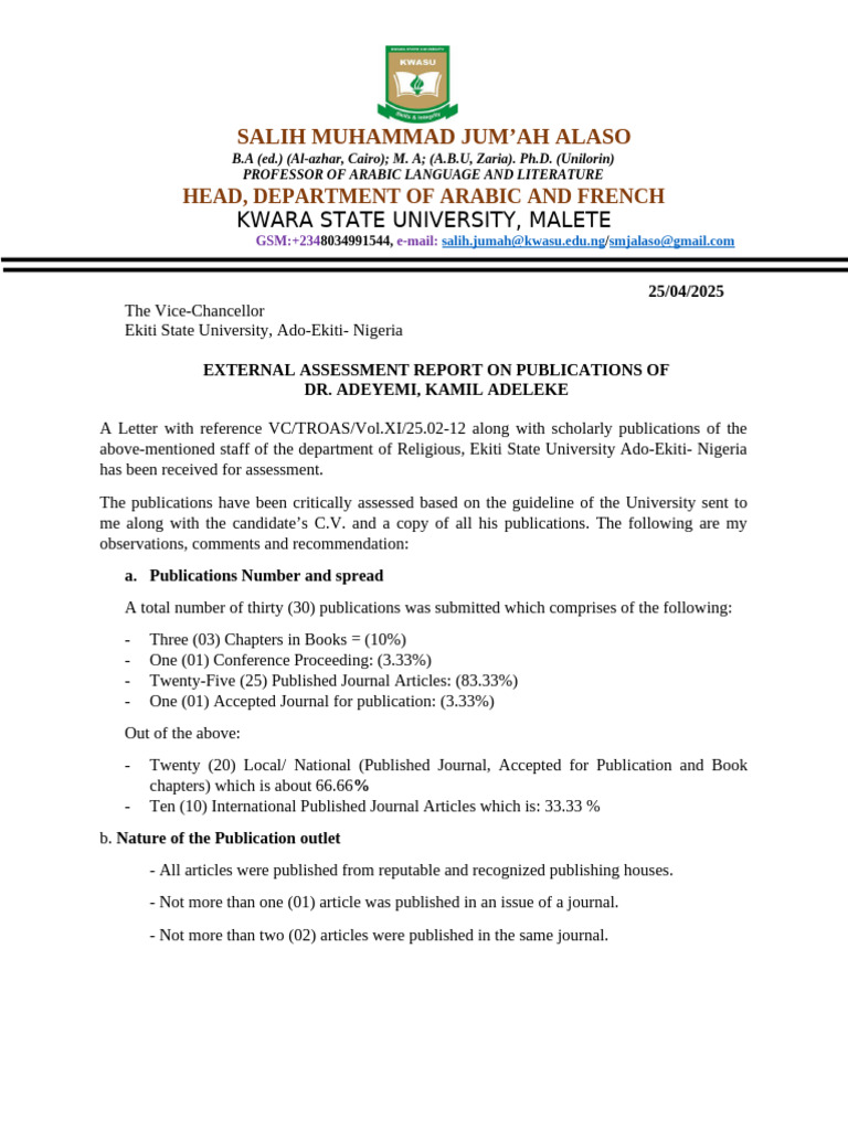 Assessment of Dr. Adeyemi's Publications | PDF