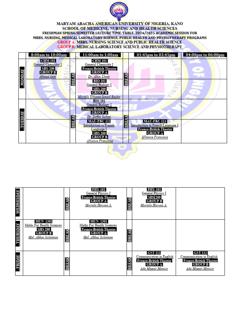 Updated 2024-2025 Freshmen Mbbs Sns & Shs Spring Timetable | PDF ...