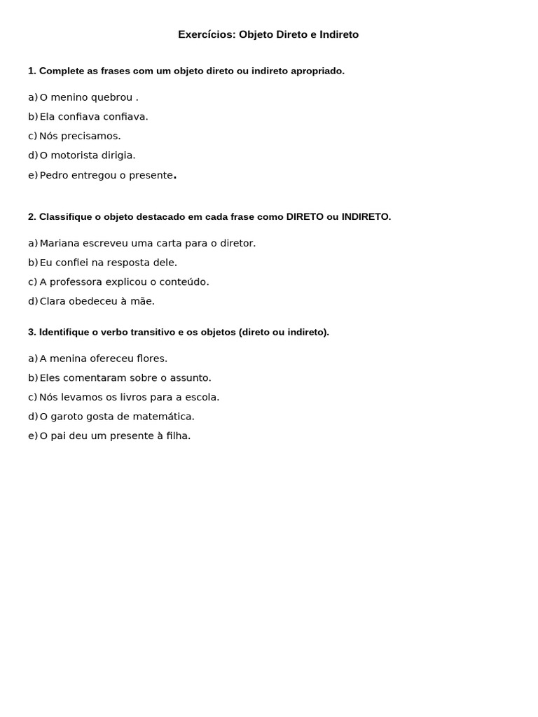 Lista de Exercício - Objeto Direto e Indireto | PDF