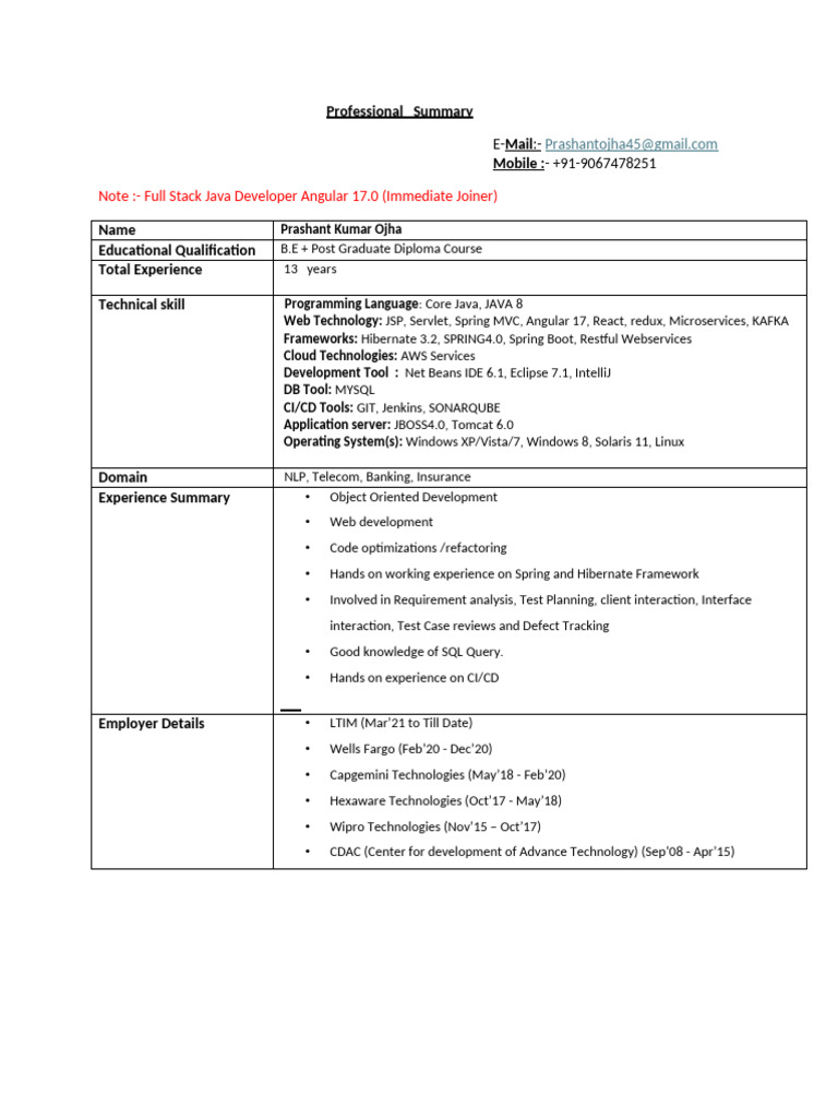 Prashant - KumarOjha - LNT - 2024 - Updated | PDF | Java (Programming Language) | Web Service