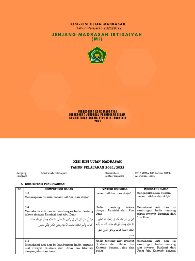 Kisi-Kisi UM Al-Quran Hadits MI 2022 | PDF