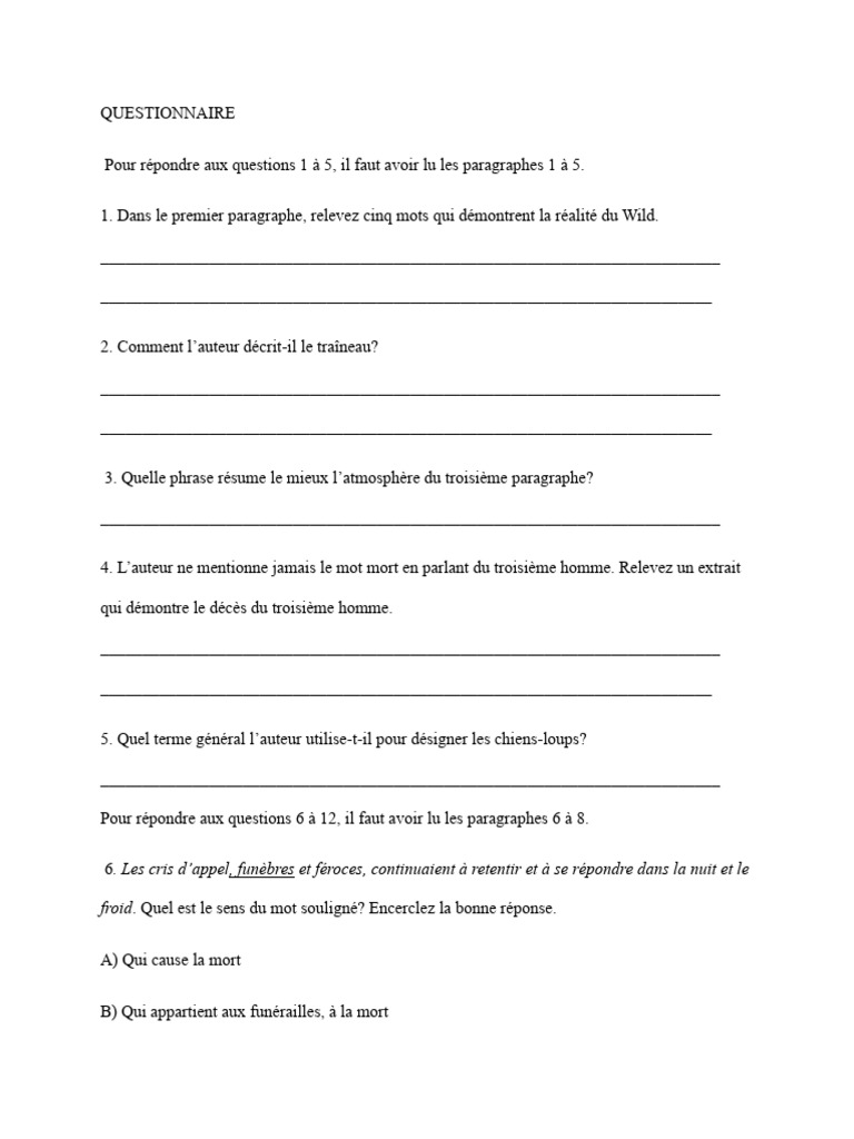 Questionnaire sur le récit du Wild | PDF
